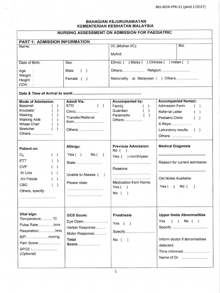 Paeds Assessment Form (BARU) | PDF