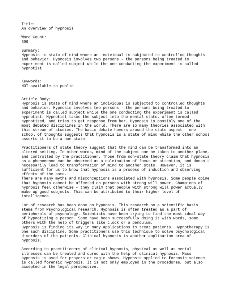 An Overview of Hypnosis | Download Free PDF | Hypnosis | Hypnotherapy