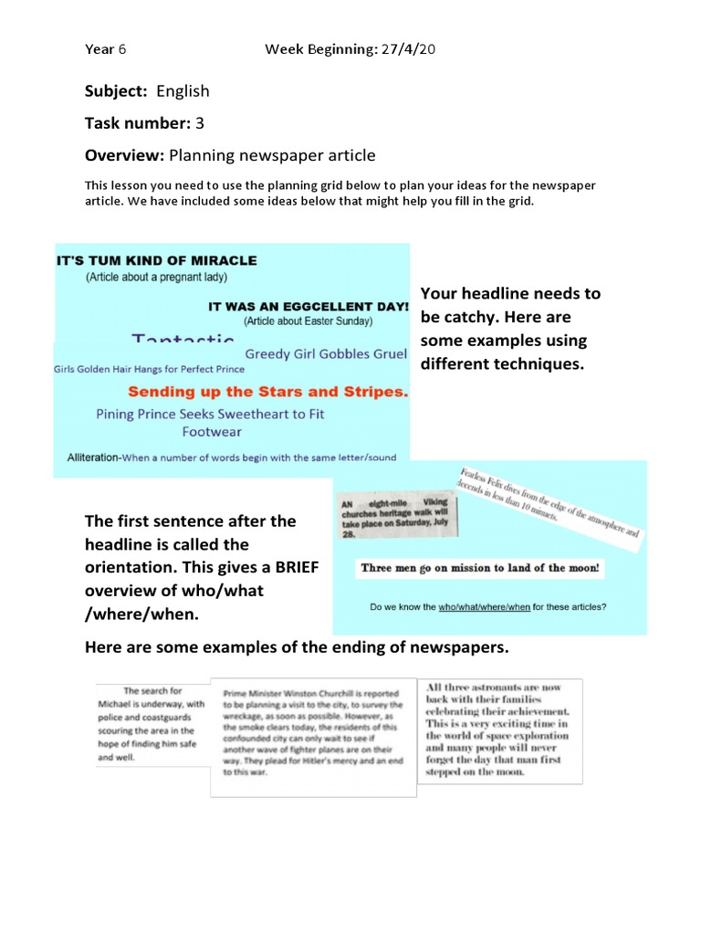 English Task 3 - Year 6 Newspaper Article | PDF | Punctuation | Orthography