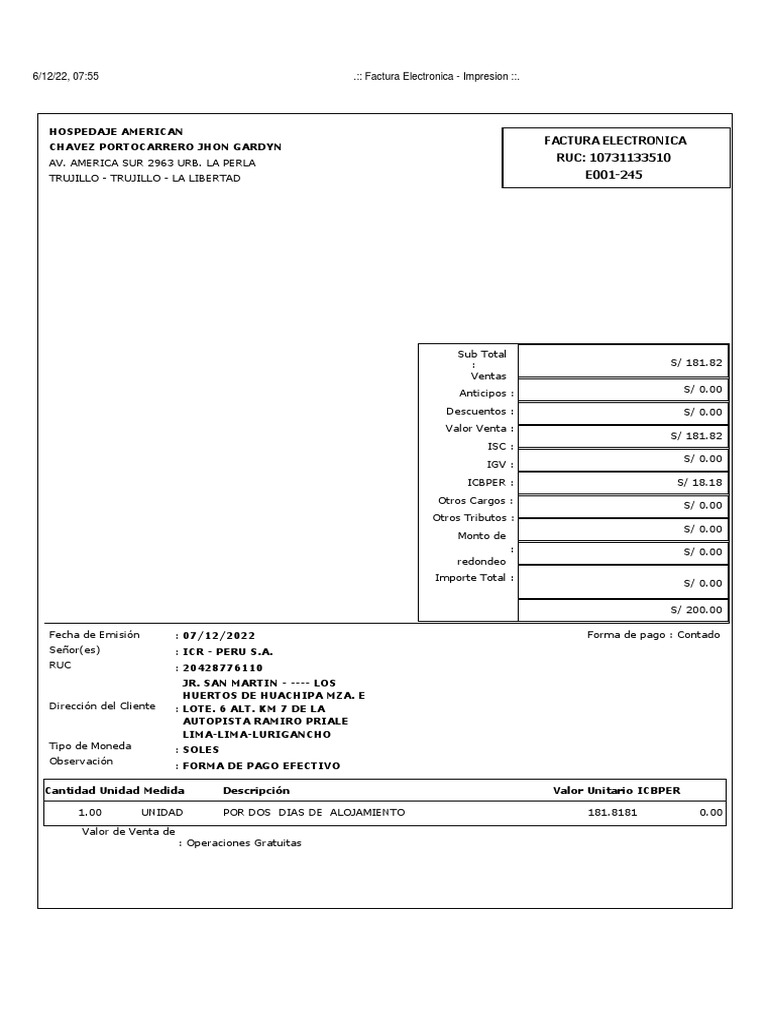 Hospedaje American Chavez Portocarrero Jhon Gardyn: Factura Electronica RUC: 10731133510 E001 ...
