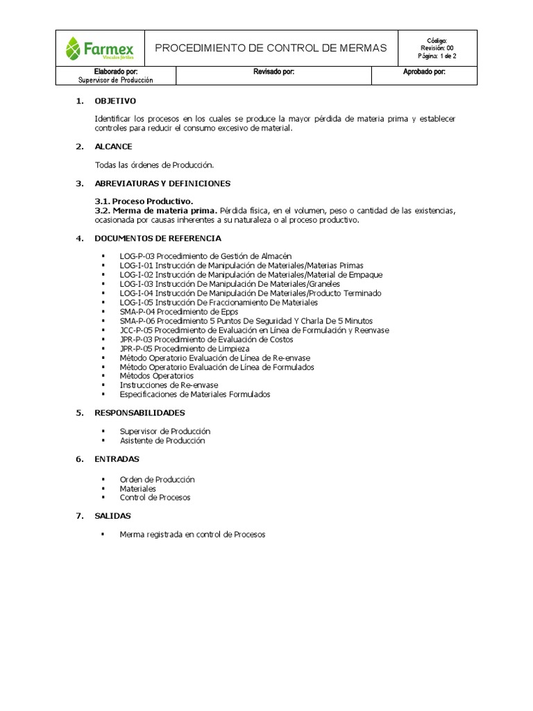 Procedimiento de Control de Mermas: 1. Objetivo | PDF | Informática ...