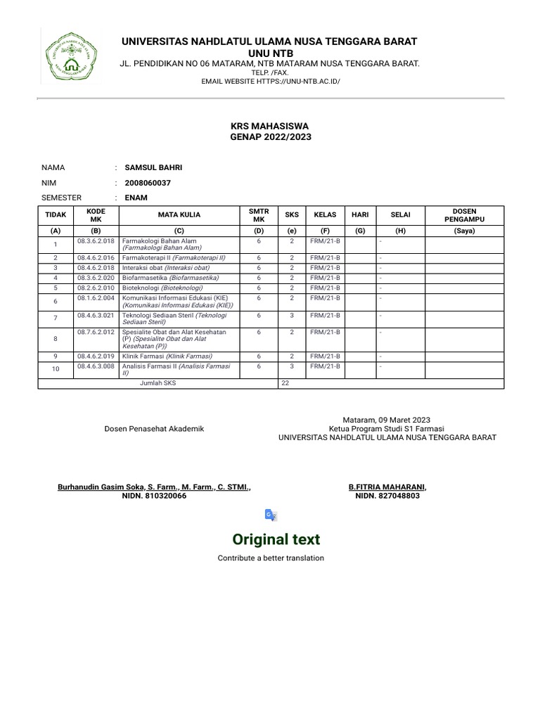 Original Text: Universitas Nahdlatul Ulama Nusa Tenggara Barat Unu NTB | PDF