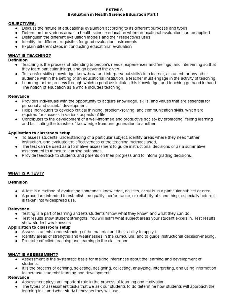 Pstmls Evaluation in Health Science Education Part 1 Objectives | PDF