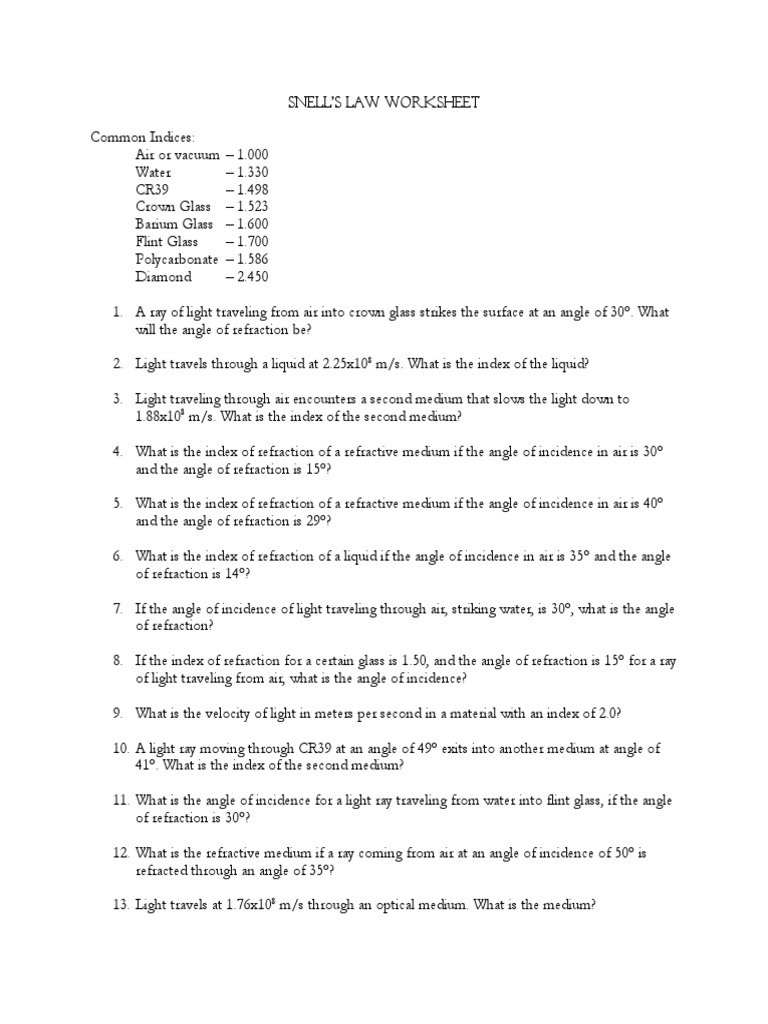 Snells Law Worksheet | PDF