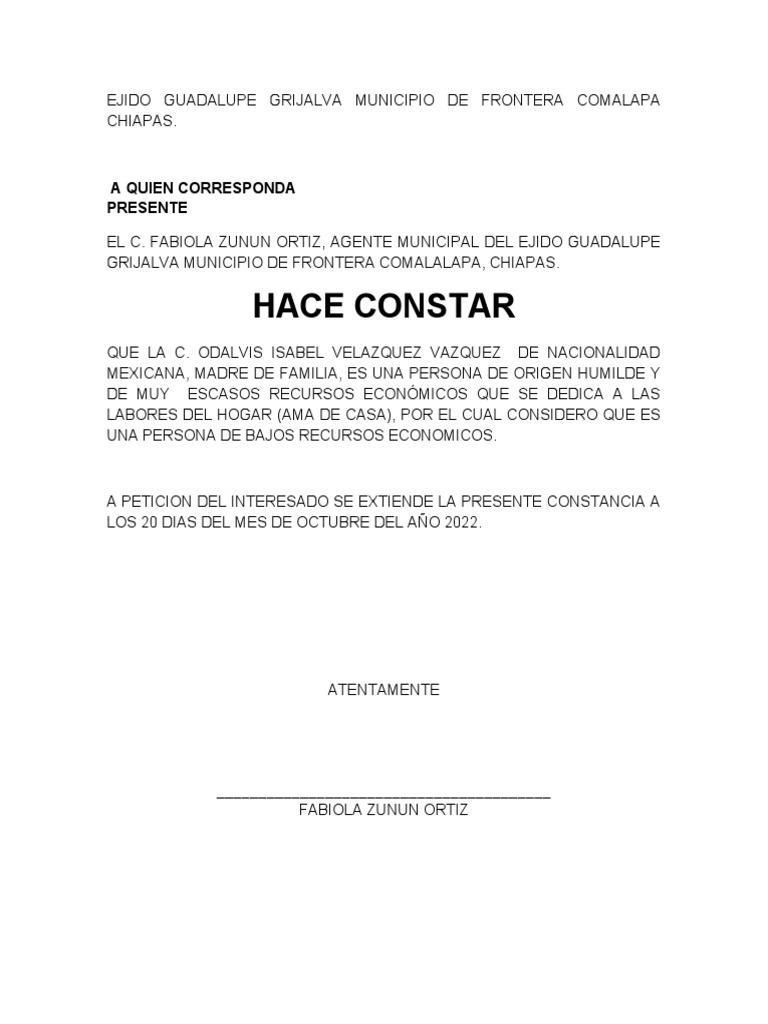 Hace Constar: A Quien Corresponda Presente | PDF