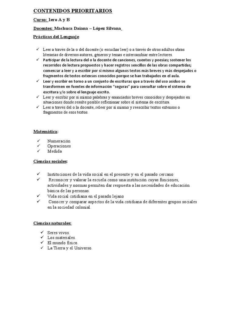 Contenidos Prioritarios: Curso: 1ero A y B Docentes: Machuca Daiana ...