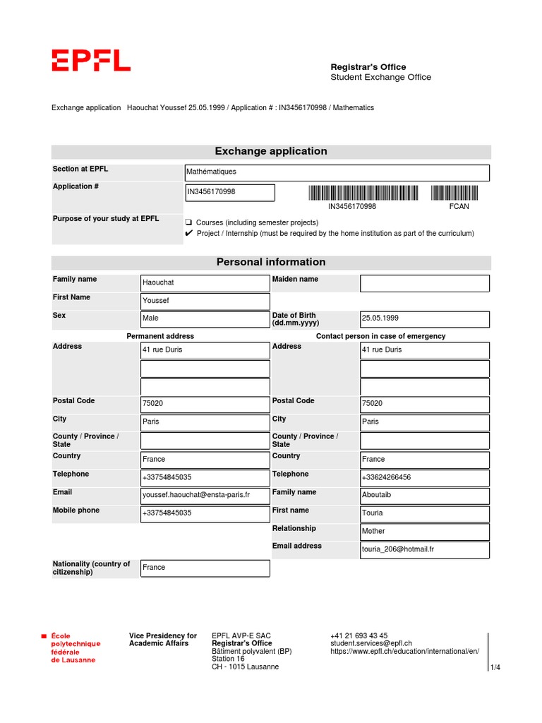 IN3456170998 FCAN : Exchange Application | PDF | Educational Stages