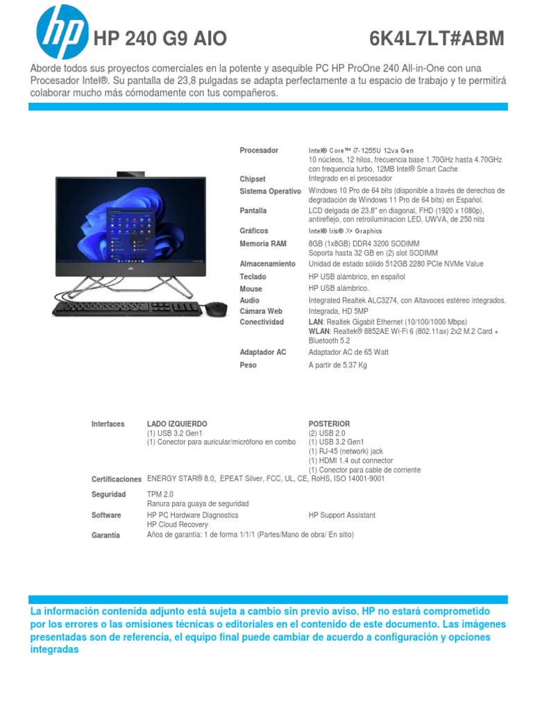 HP ProOne 240 23.8 Inch G9 AIO - 6K4L7LT#ABM | PDF | USB | Microprocesador