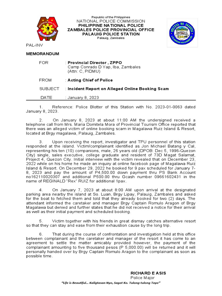 Incident Report On Alleged Booking Scam Magalawa Ruiz Resort | PDF