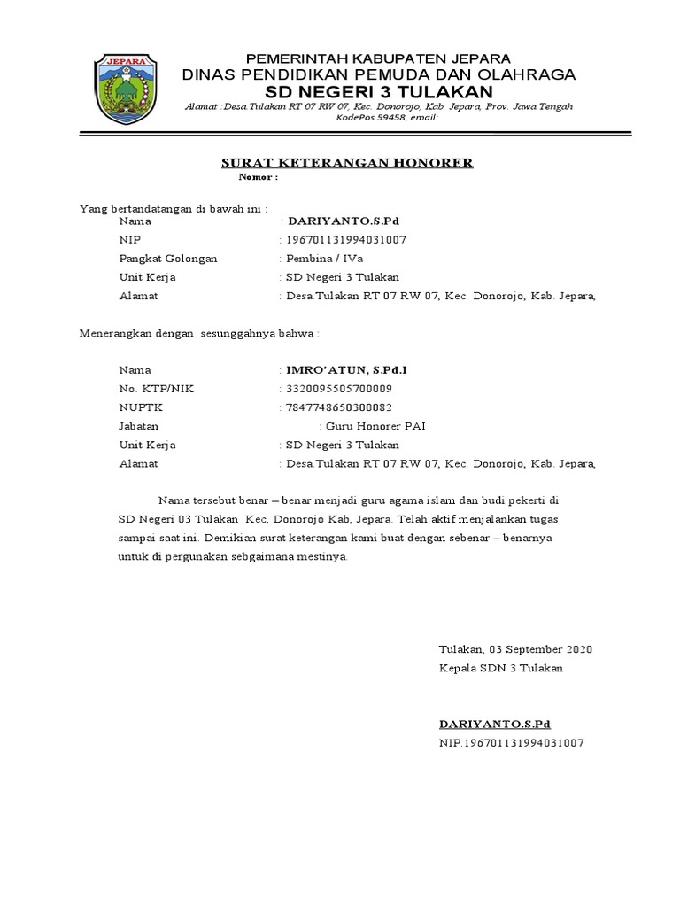 Surat Pernyatan Honorer | PDF