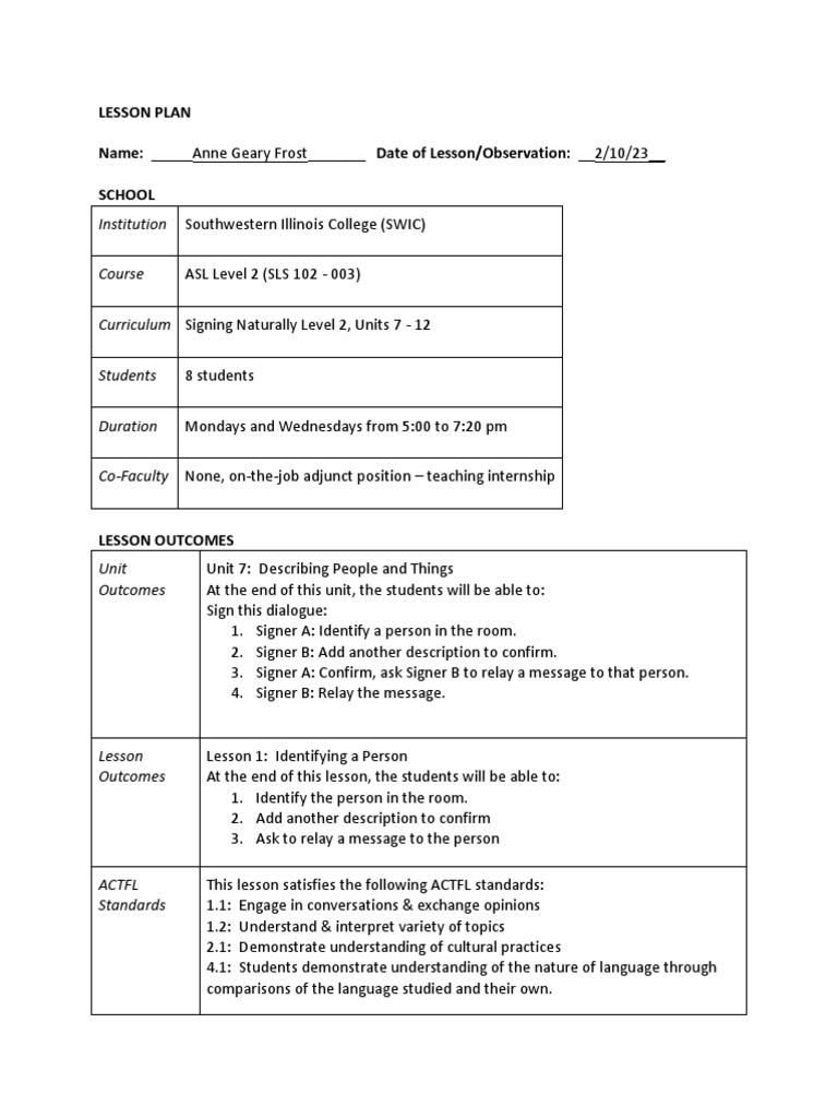 ASL Level 2 Lesson Plan | PDF | Career & Growth