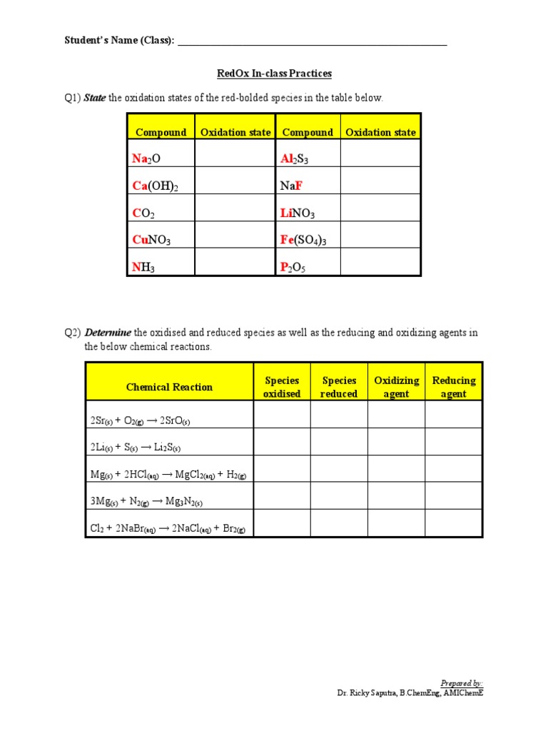 RedOx Reaction Worksheet | PDF | Redox | Chemical Elements