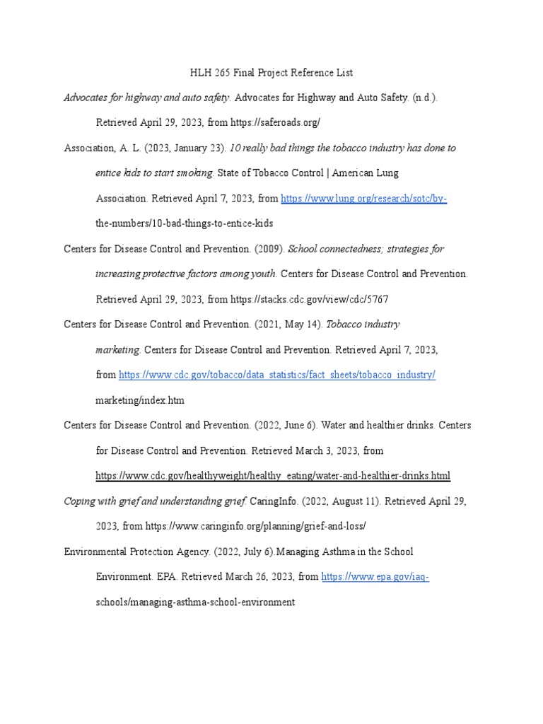 HLH 265final Project Reference List | PDF | Tobacco Smoking | Addiction
