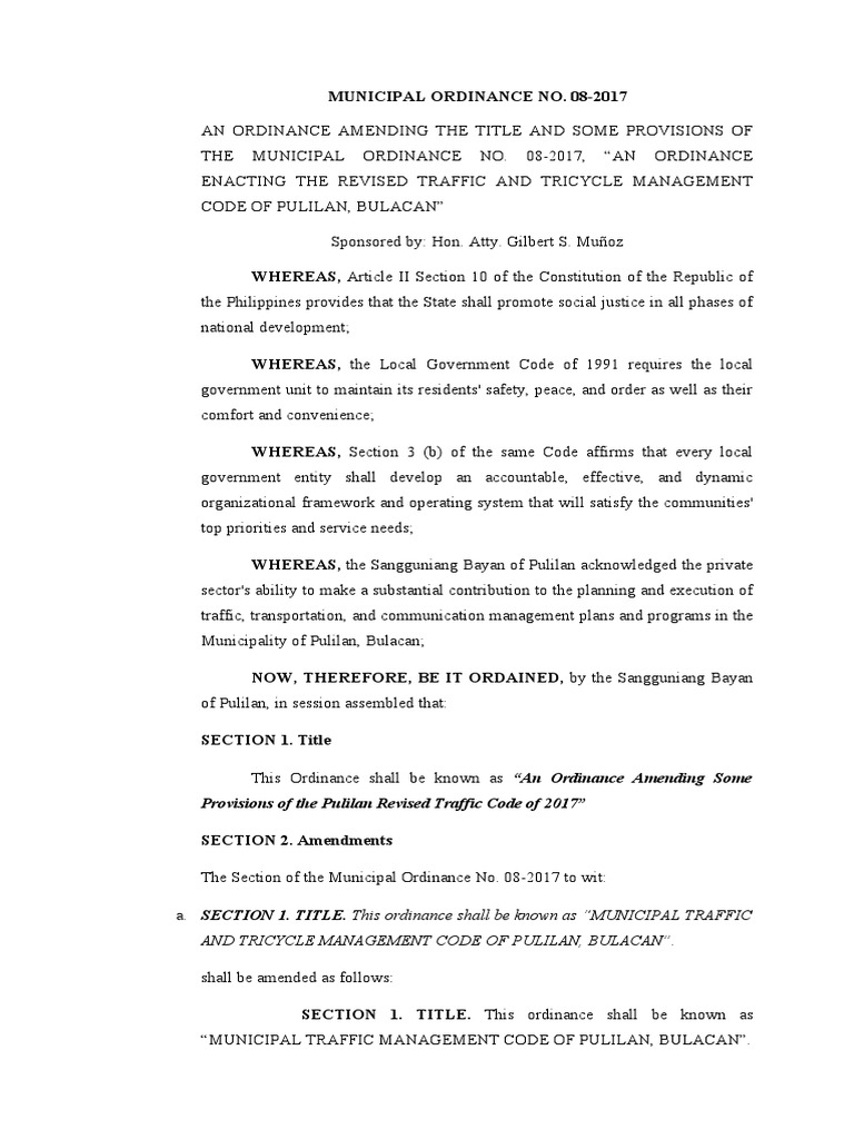 Revised Traffic Code of Pulilan | PDF | Franchising | Traffic