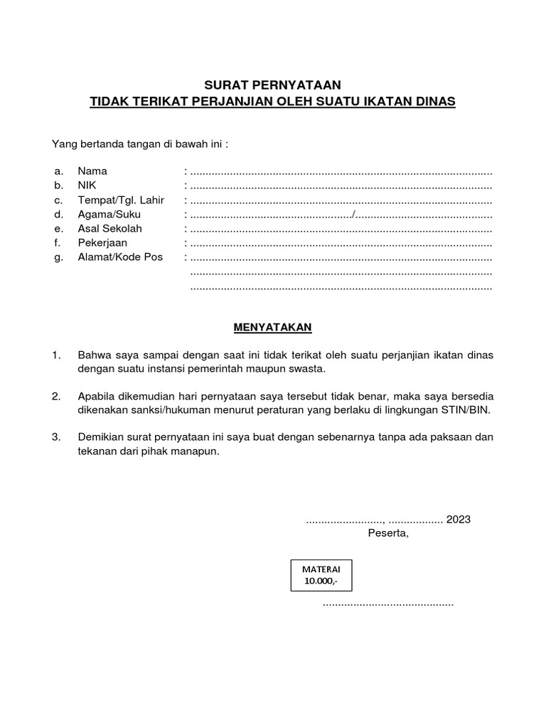 Surat Pernyataan Tidak Terikat Perjanjian Oleh Suatu Ikatan Dinas Pdf