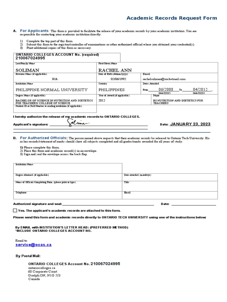 Soliman Rachel Ann: Academic Records Request Form | PDF