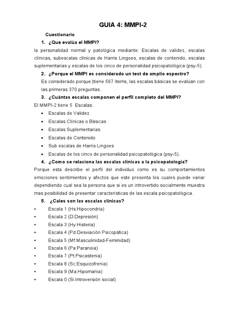 Guia TEST MMPI-2 | PDF | Psicosis | Manual Diagnóstico y Estadístico de ...