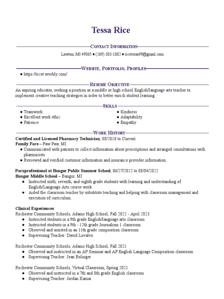 Tessa Rice Resume | PDF | Teachers | Pharmacist