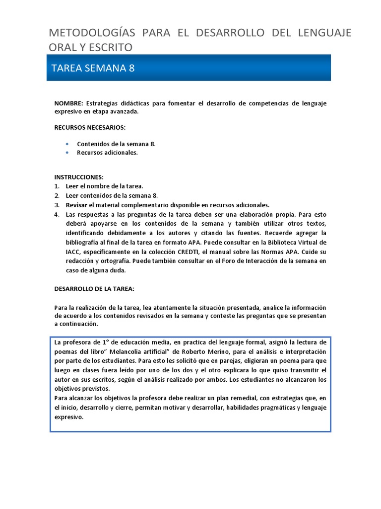 Metodologías para El Desarrollo Del Lenguaje Oral Y Escrito: Tarea Semana 8 | PDF