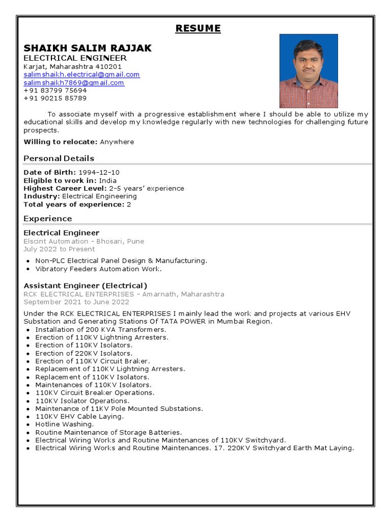 Salim Resume | Download Free PDF | Electrical Substation | Electrical ...