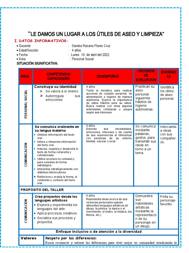 Sesion 1 Conocen Los Útiles de Aseo y Limpieza | PDF | Higiene | Evaluación