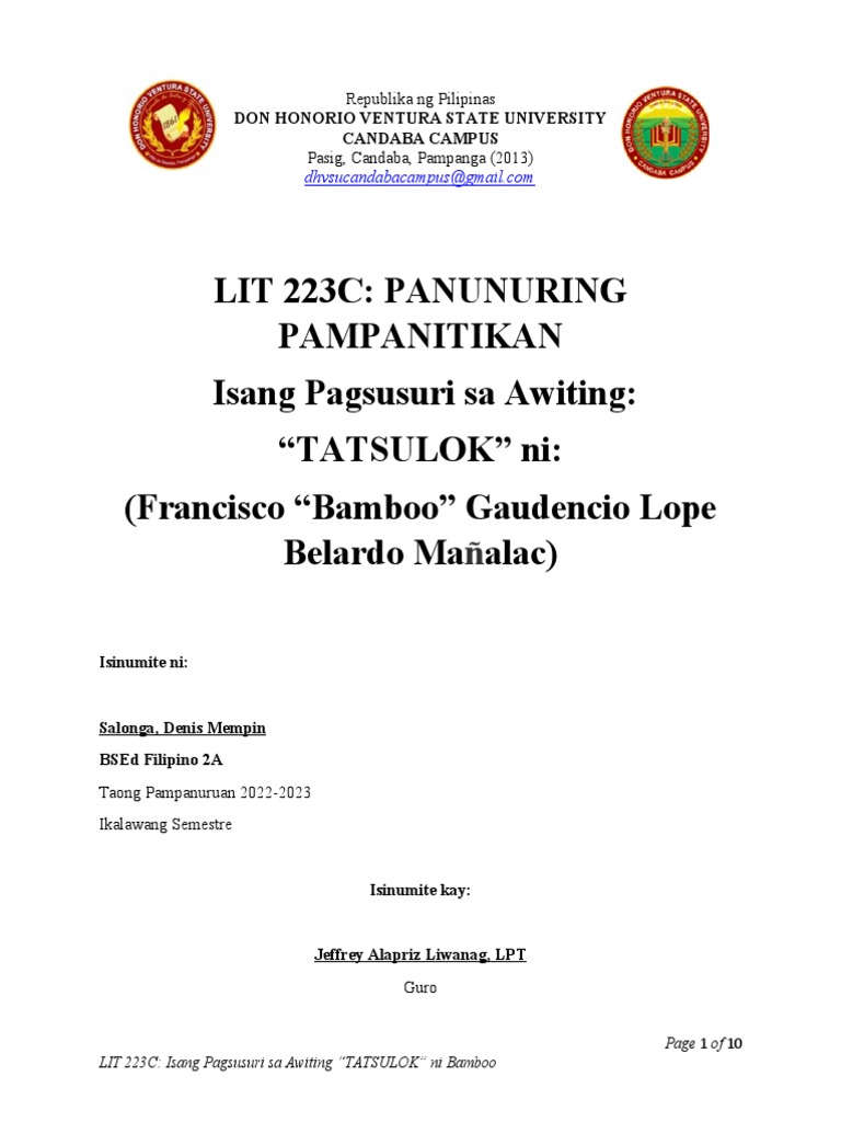 Lit 223C: Panunuring Pampanitikan Isang Pagsusuri Sa Awiting: "TATSULOK ...