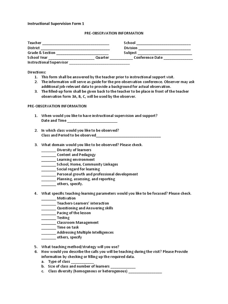 Instructional Supervision Form Guide | PDF | Teachers | Learning