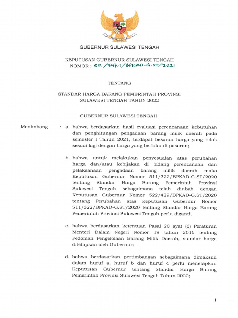 SSH Pemerintah Provinsi Sulawesi Tengah Tahun 2022 | PDF