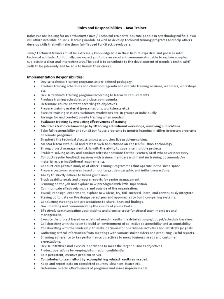 Roles and Responsibilities Java Trainer (1) (3) | PDF | Learning ...