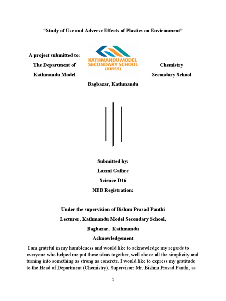 "Study of Use and Adverse Effects of Plastics On Environment", Project ...