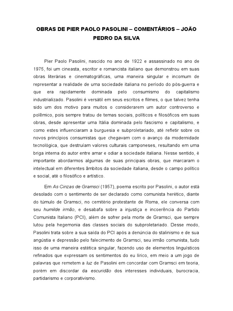 Análise das Obras de Pasolini | PDF | Antonio Gramsci | Fascismo