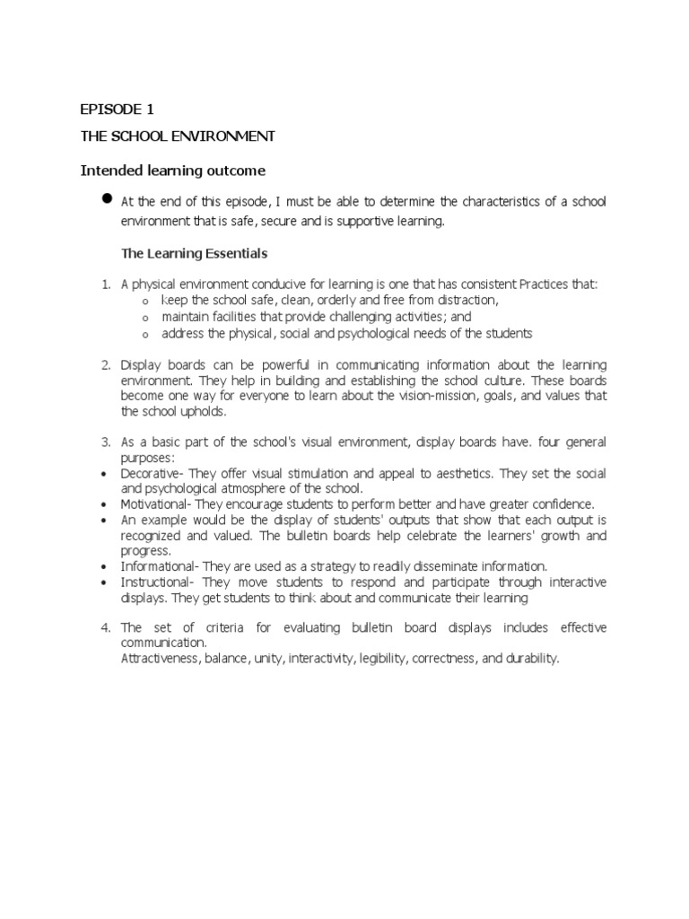Episode 1 The School Environment Intended Learning Outcome | PDF | Learning | Classroom