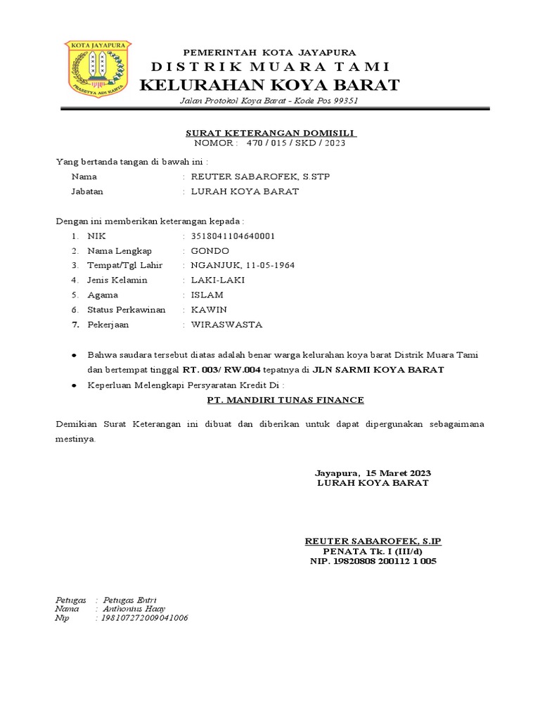 Surat Keterangan KOYA BARAT | PDF