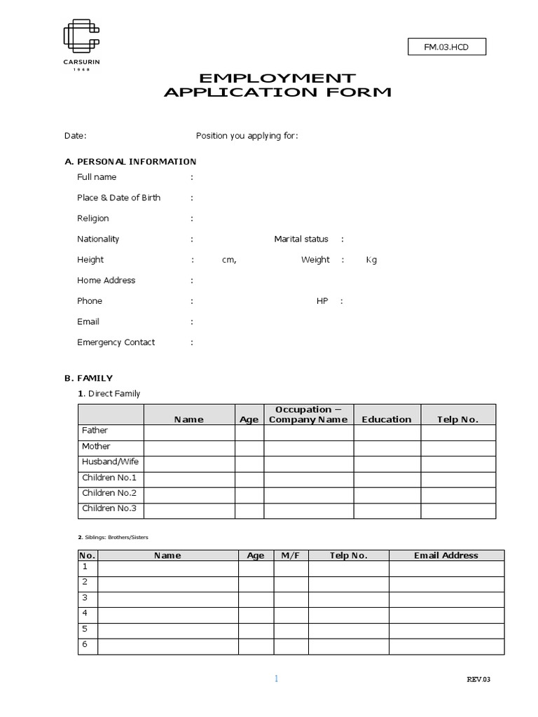 FM.03.HCD - Employment Application Form | PDF