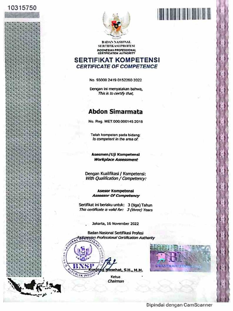 Sertifikat Asesor Metodologi - 11zon | PDF