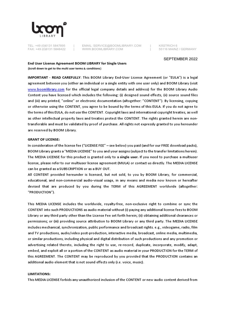 00 - BOOM Library EULA 2022 | PDF | License | Subscription Business Model