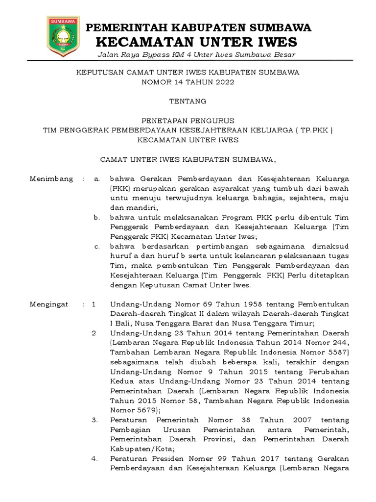 SK Camat Tentang PKK Kecamatan Ui | PDF