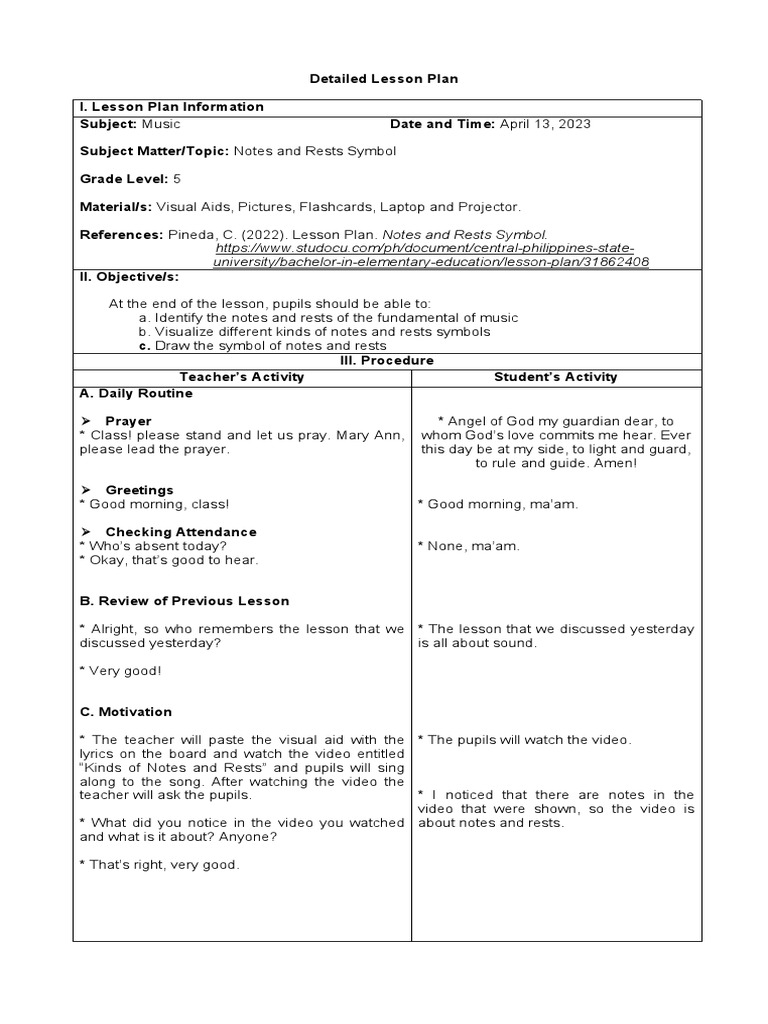 Grade 5 Music Lesson: Notes & Rests | PDF