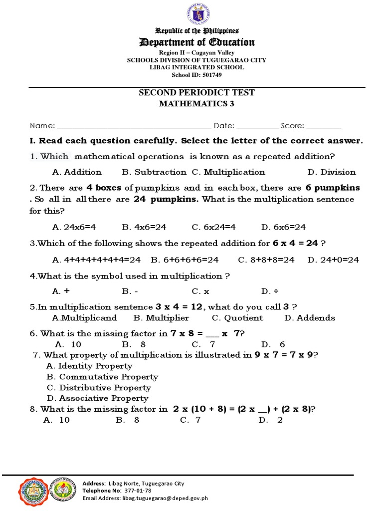 Grade 3 Math Second Periodic Test | PDF | Multiplication | Division ...
