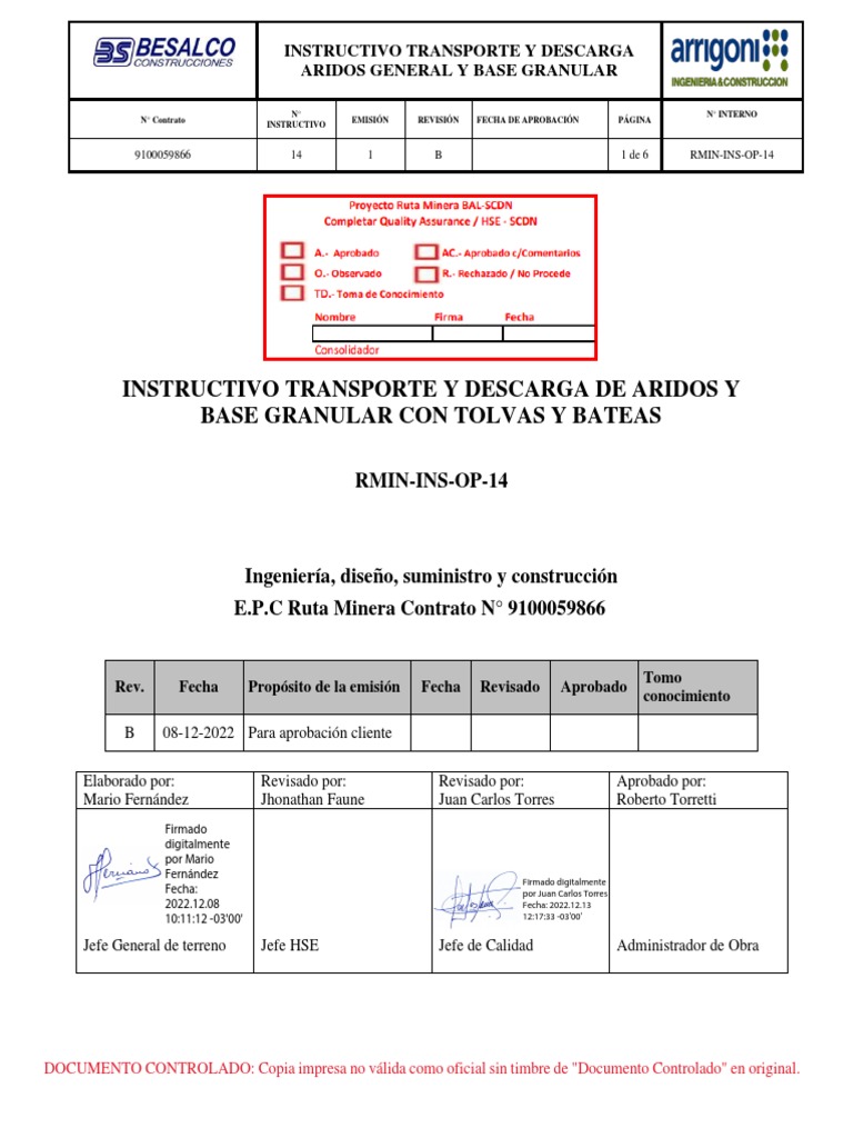 RMIN-INS-OP-14 Instructivo Transporte y Descarga Áridos General y Base ...