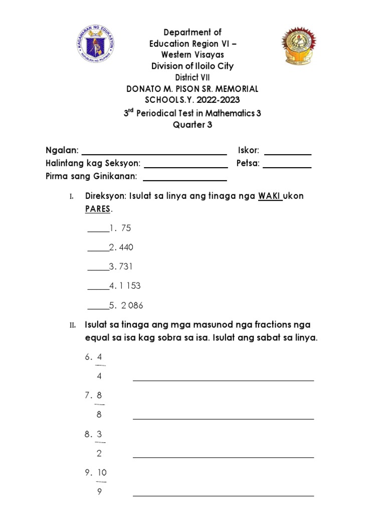 Math 3rd Grading Exam For Grade 3 | PDF