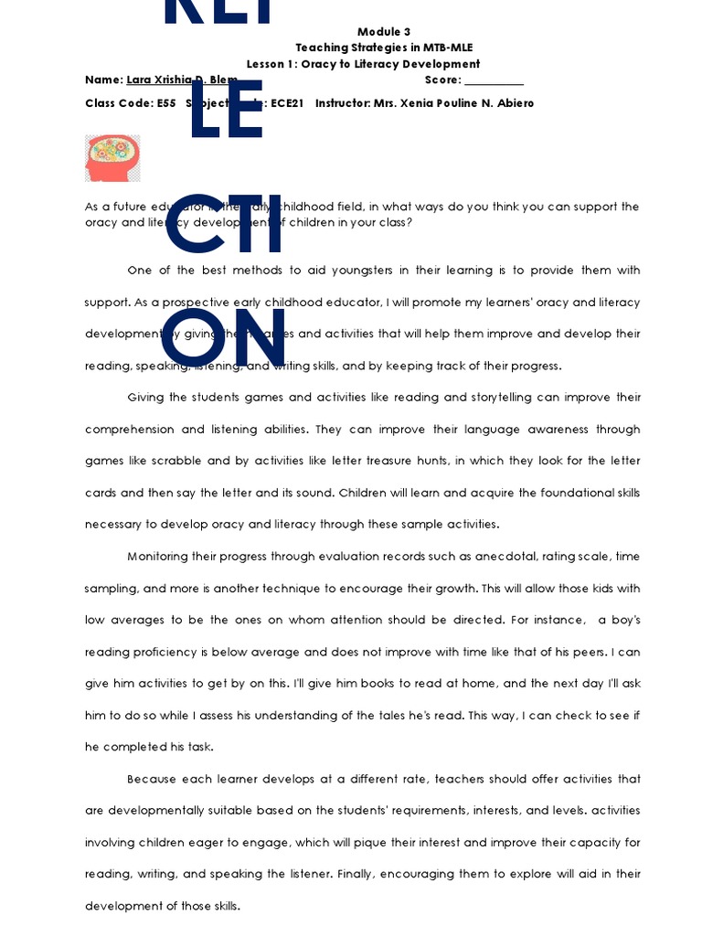 Module 3 Lesson 1 Reflection Worksheet | PDF | Literacy | Reading Comprehension