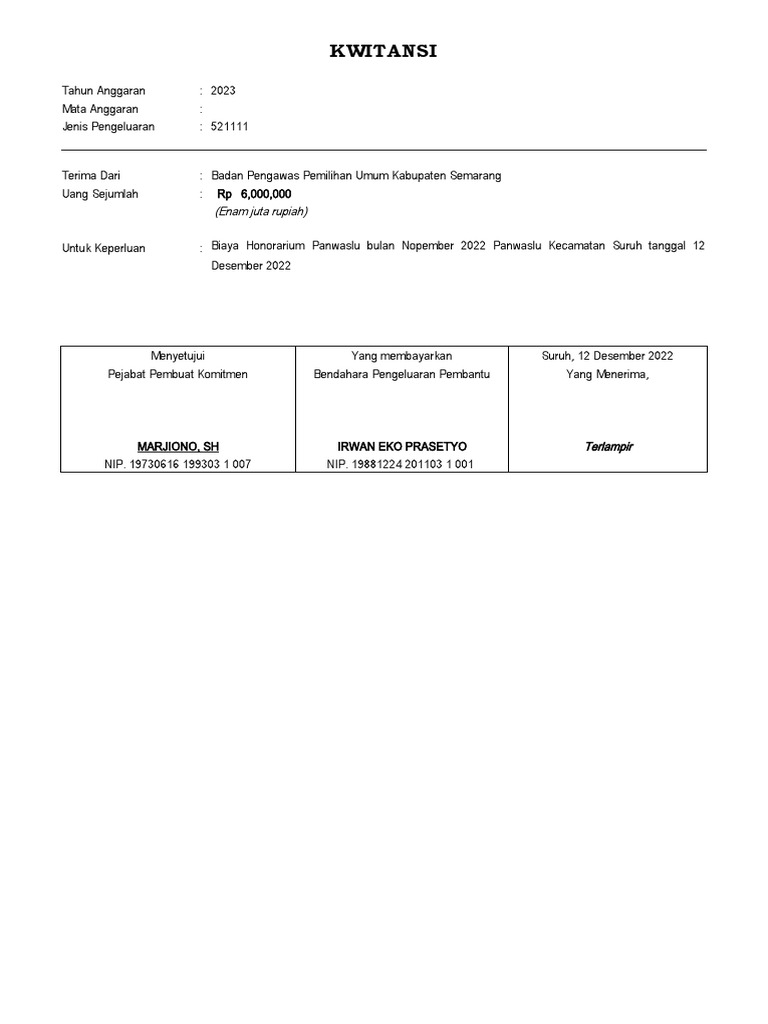 Contoh KWITANSI PPK | PDF | Pengelolaan Keuangan & Uang