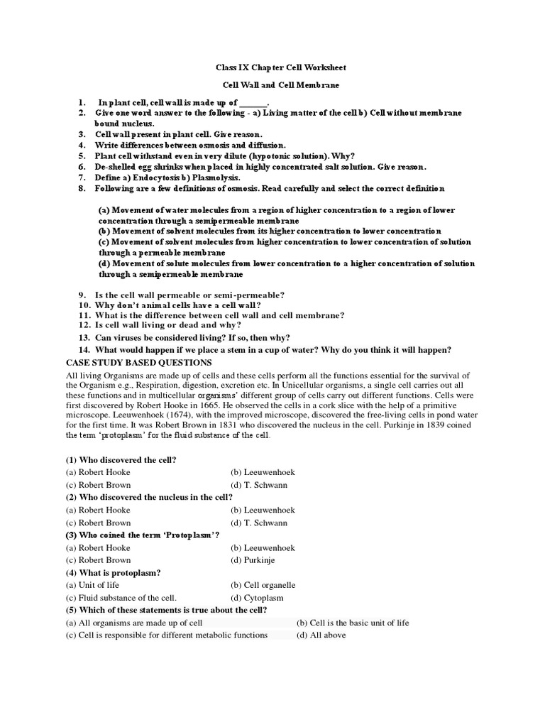 Class IX Chapter Cell Worksheet | PDF | Cell (Biology) | Osmosis
