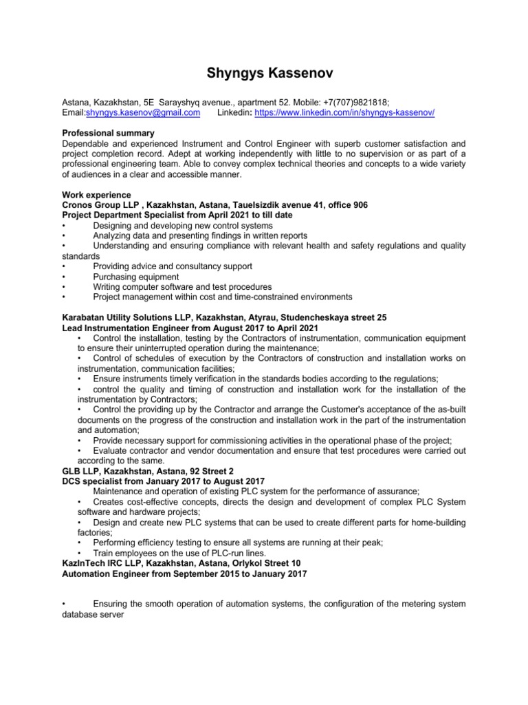 CV Kassenov | PDF | Automation | Programmable Logic Controller