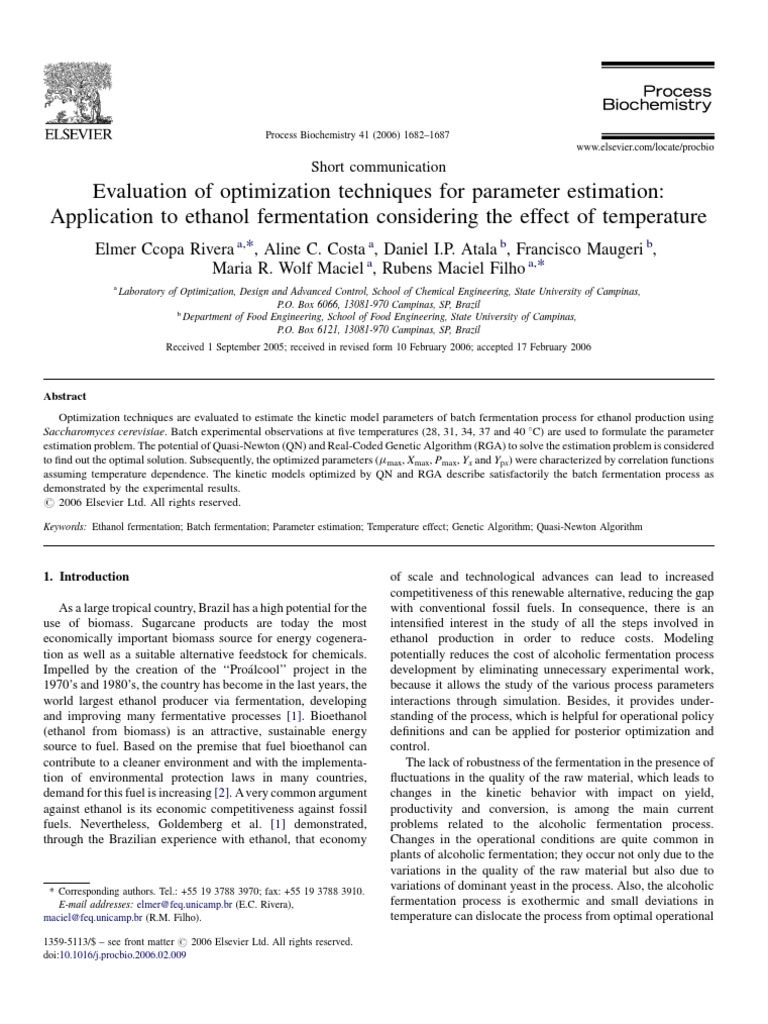 Evaluation of Optimization Techniques For Parameter Estimation: Application To Ethanol ...