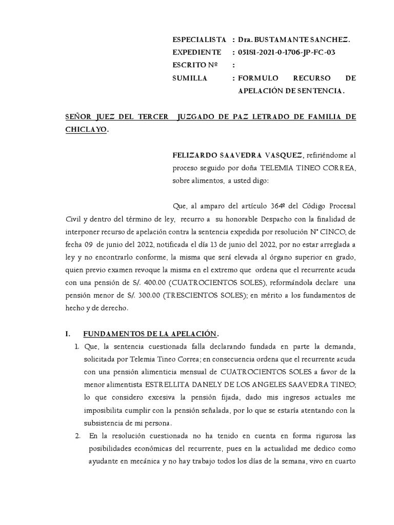 Modelo de Apelacion Alimt | PDF | Pensión alimenticia | Apelación