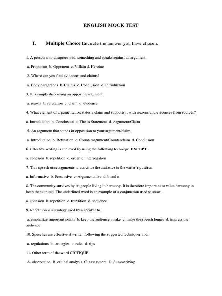 English Mock Test | PDF | Argument | Evidence