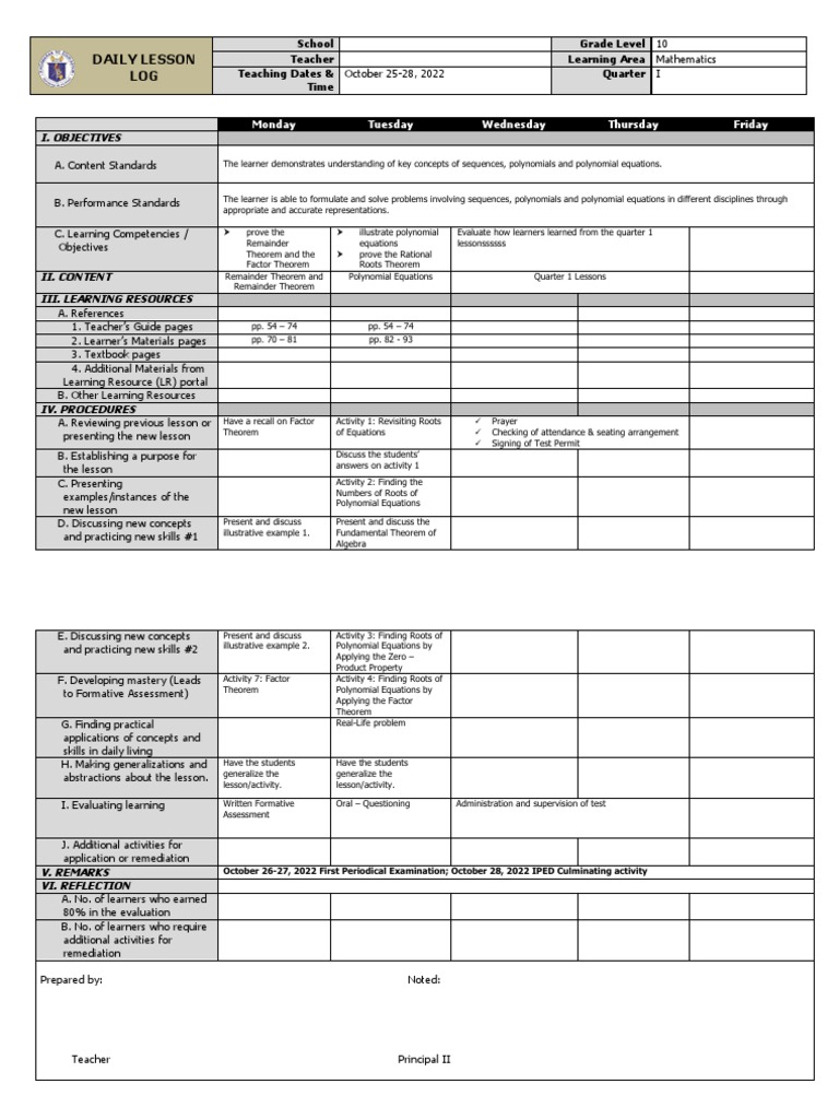 Sample Grade 10 DLL Q1W9 | PDF | Factorization | Polynomial