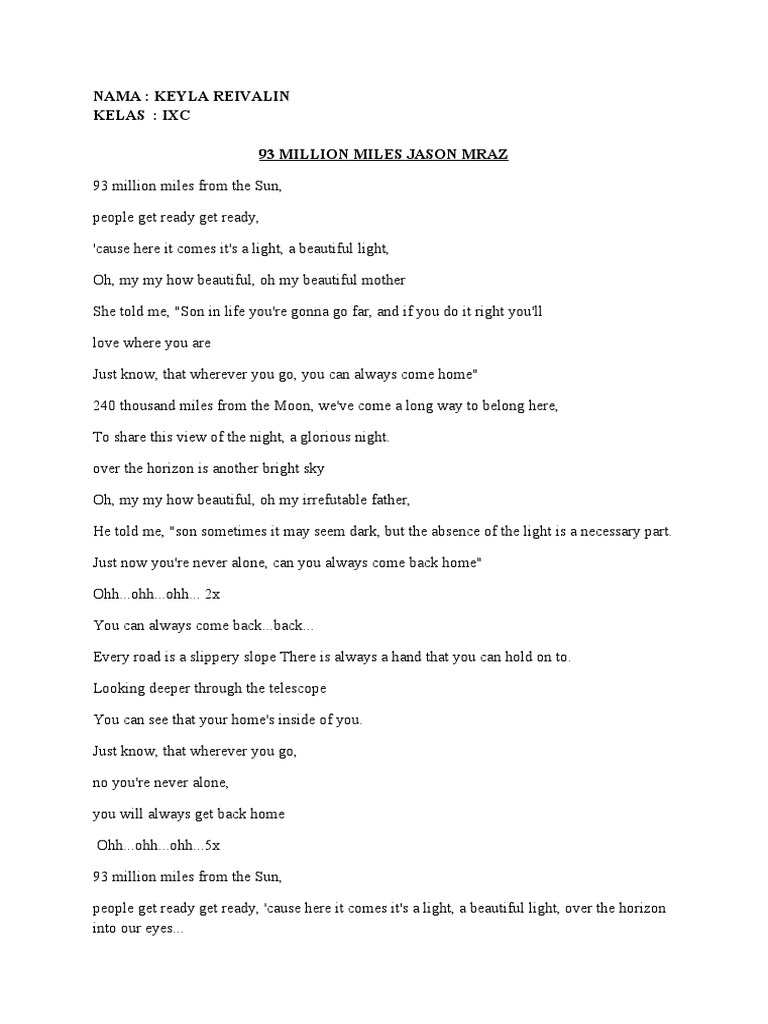 93 Million Miles Jason Mraz | PDF